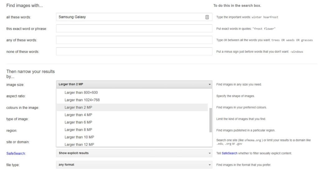 How to do Custom Size Image Search in Google? - Android Infotech